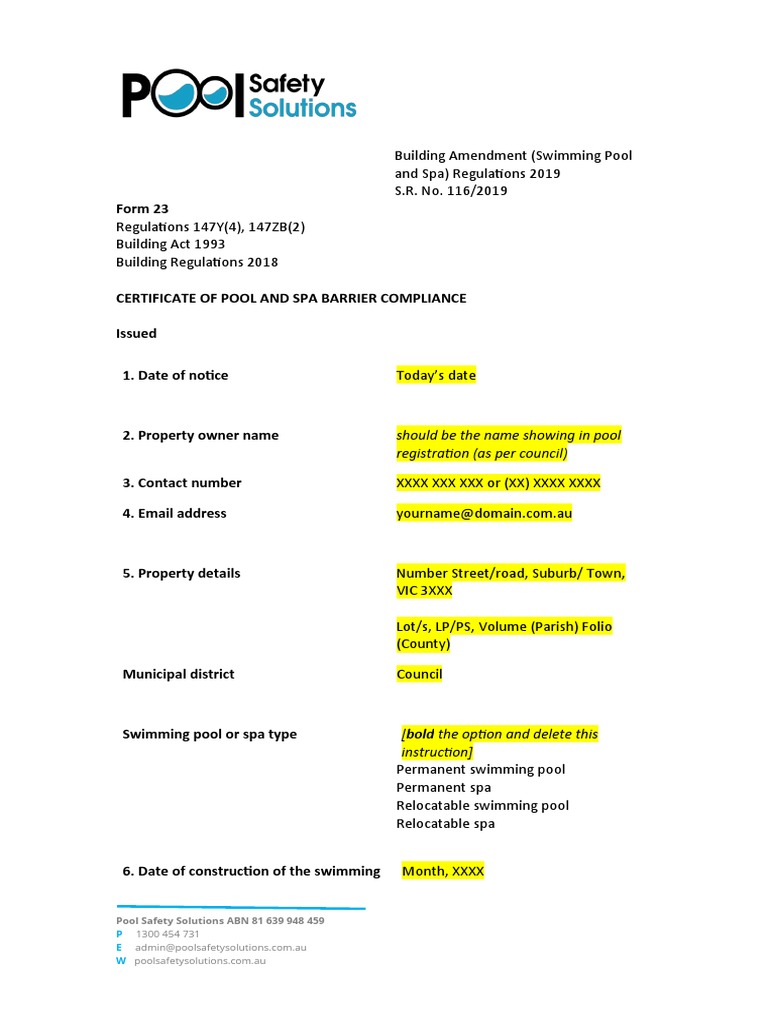 Form 23 Certificate of Pool & Spa Compliance VIC | PDF | Justice ...