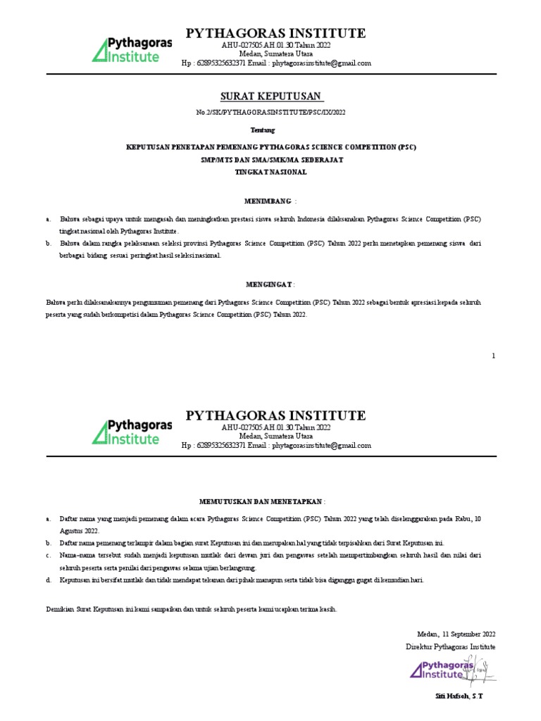 Pengumuman Pythagoras Science Competition (PSC) Tingkat Nasional | PDF Pengumuman Pythagoras Science Competition (PSC) Tingkat Nasional | PDF