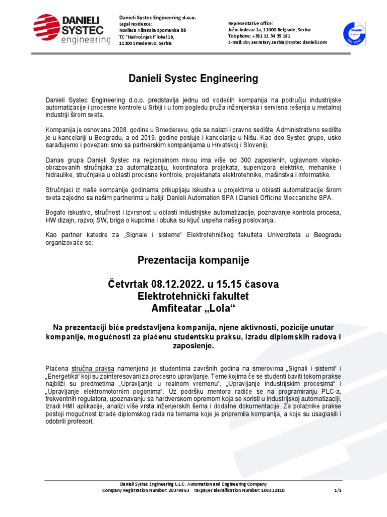 Danieli Systec Engineering-Poziv Na Prezentaciju ETF Lola Amfiteatar 08.12.2022.-15.15h | PDF