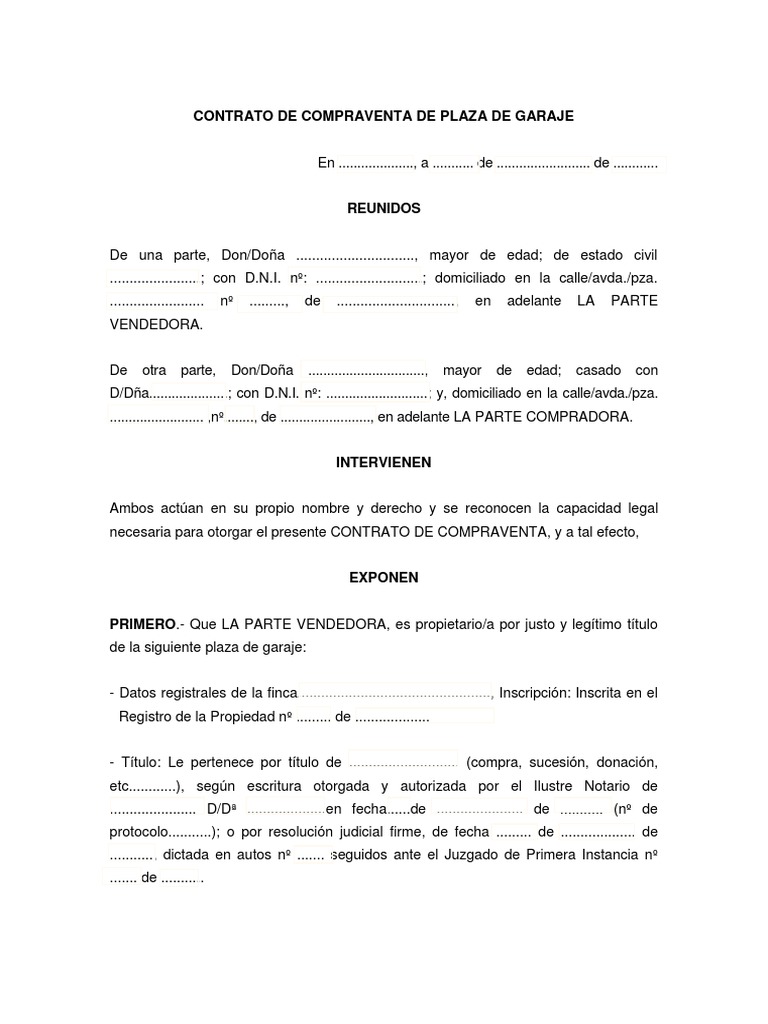 Contrato de Compraventa de Plaza de Garaje | Descargar gratis PDF | Derecho civil (sistema legal ...