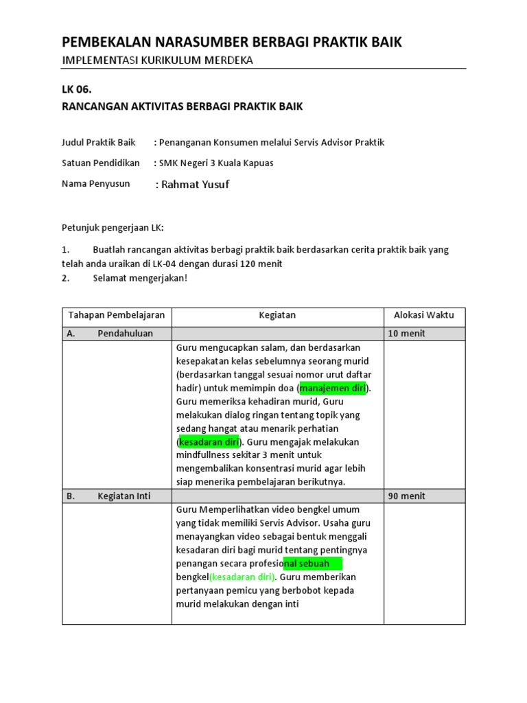 LK.06. Rancangan Aktivitas Berbagi Praktik Baik Rahmat Yusuf | PDF