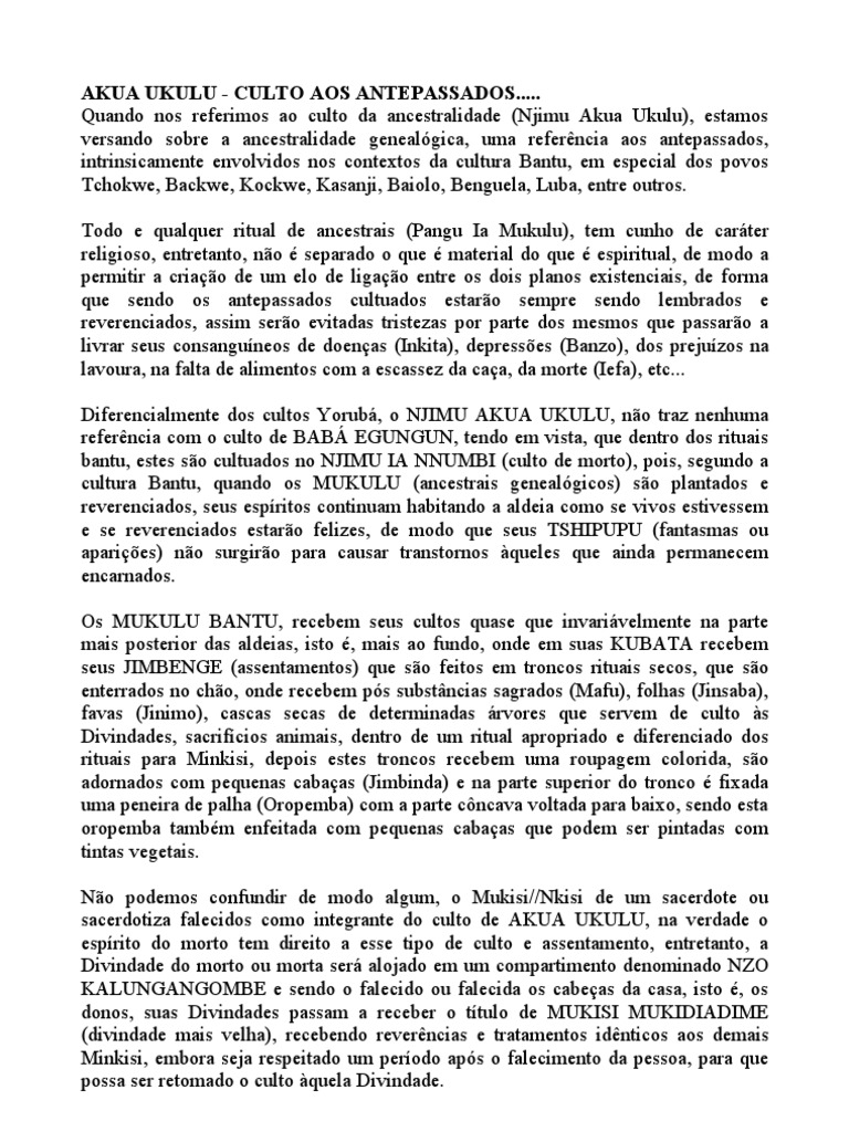Culto Bantu aos Ancestrais: Akua Ukulu | PDF | Espírito | Rituais