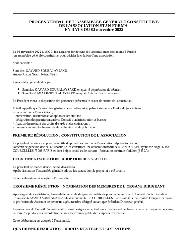 Procès Verbal Assemblée Constitutive 1 | PDF | Méthode du consensus ...