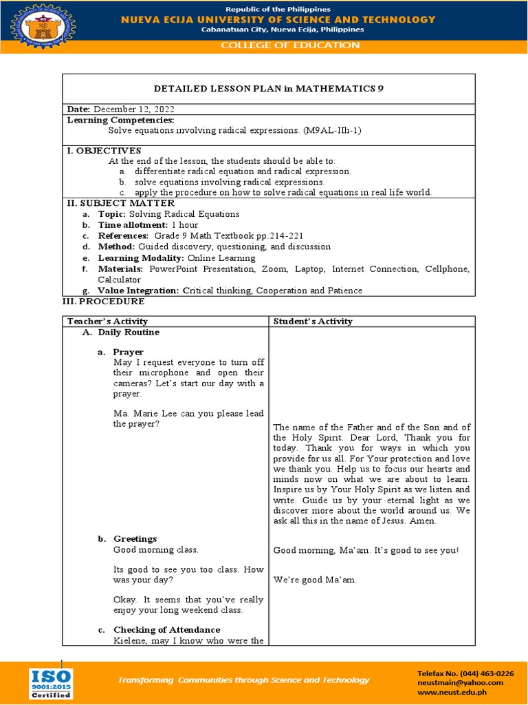 Detailed Lesson Plan in Mathematics 9 Autosaved | PDF | Equations | Angle