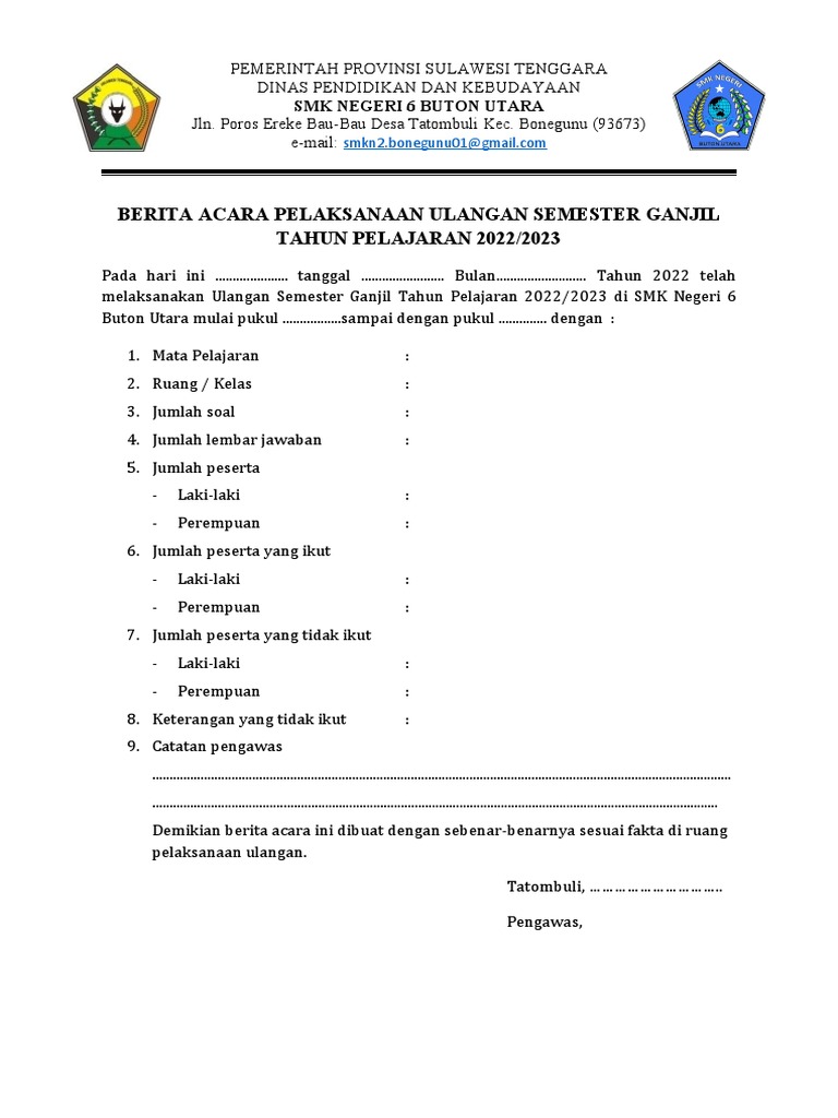 Berita Acara Ulangan Semester Ganjil | PDF