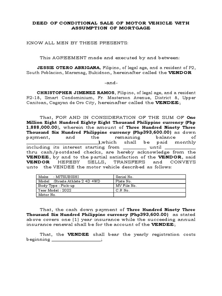 Deed of Conditional Sale With Assumption of Mortgage | PDF | Private ...