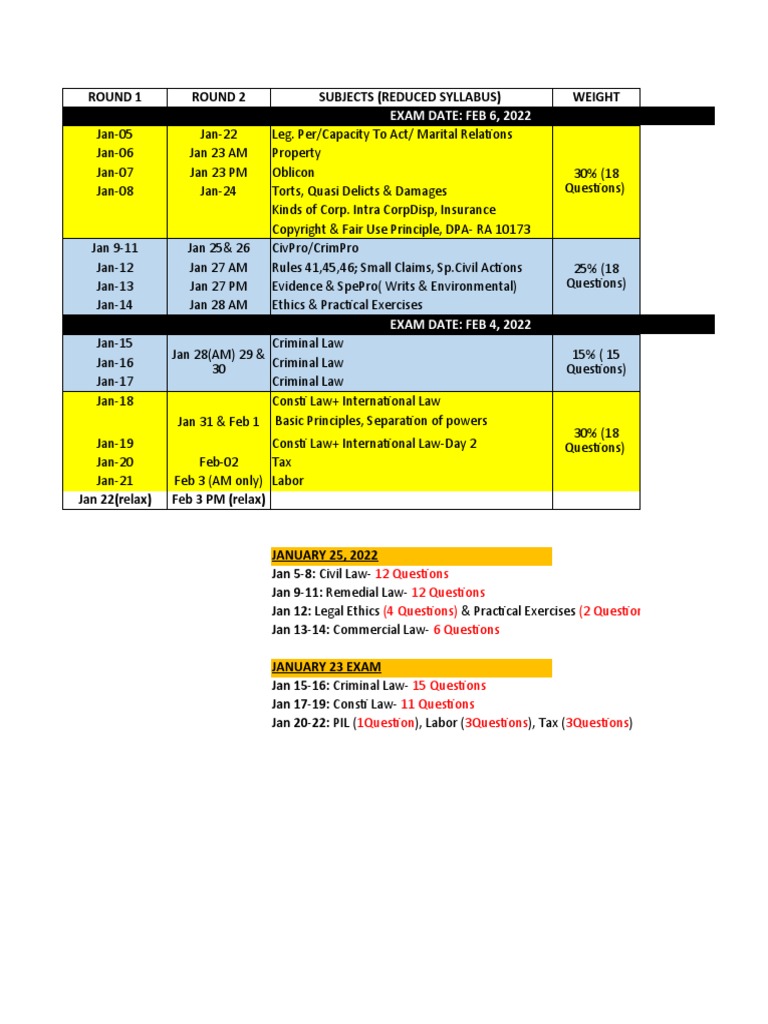 Sample Pre-Week Bar Schedule | PDF | Civil Law (Legal System) | Public ...