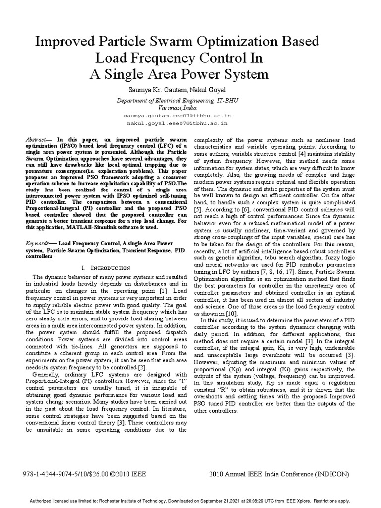 Improved Particle Swarm Optimization Based Load Frequency Control in A Single Area Power System ...