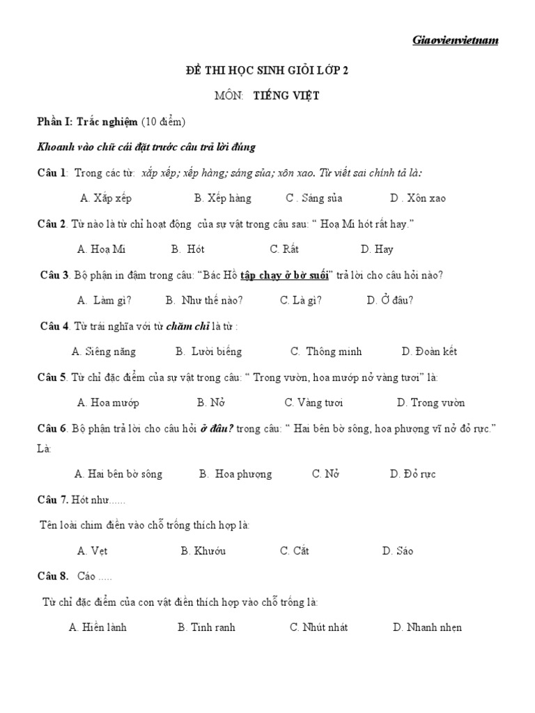 De Thi Hoc Sinh Gioi Toan Tieng Viet Lop 2 Co Dap An | PDF
