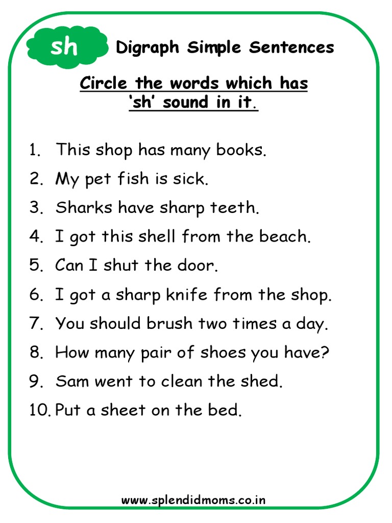 SH Digraph Simple Sentences Worksheet | PDF