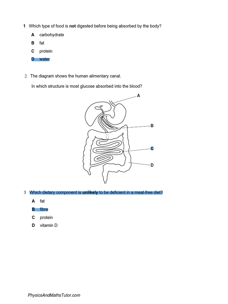 Human Nutrition MCQs and Answers | PDF | Digestion | Gastrointestinal Tract