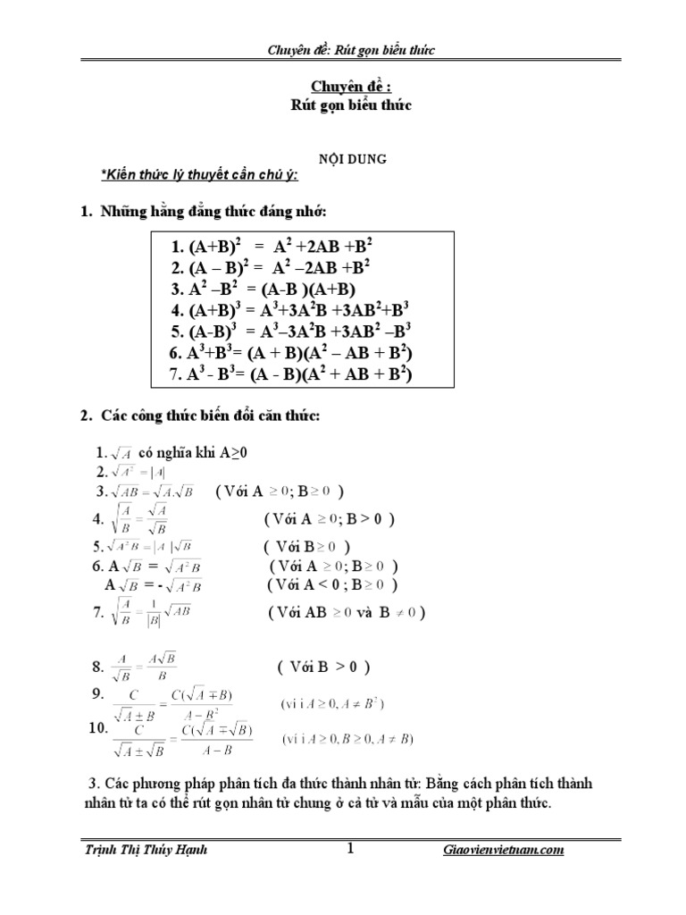 Chuyen de Rut Gon Bieu Thuc Lop 9 | PDF