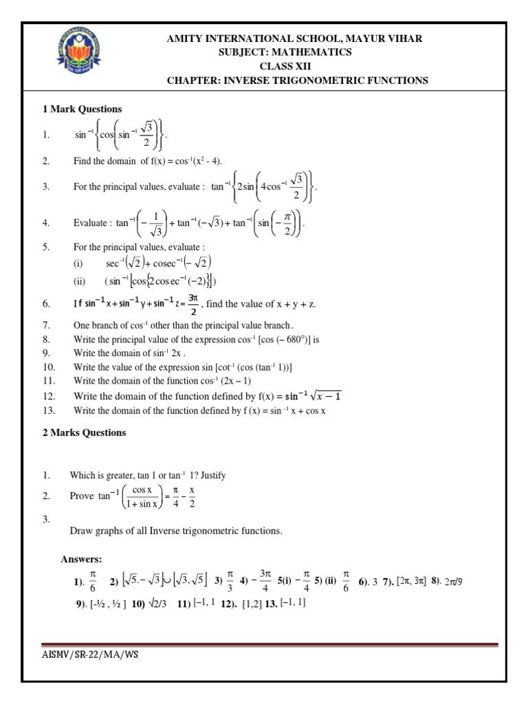 Worksheet Inverse Trigonometric Functions | PDF | Trigonometric ...