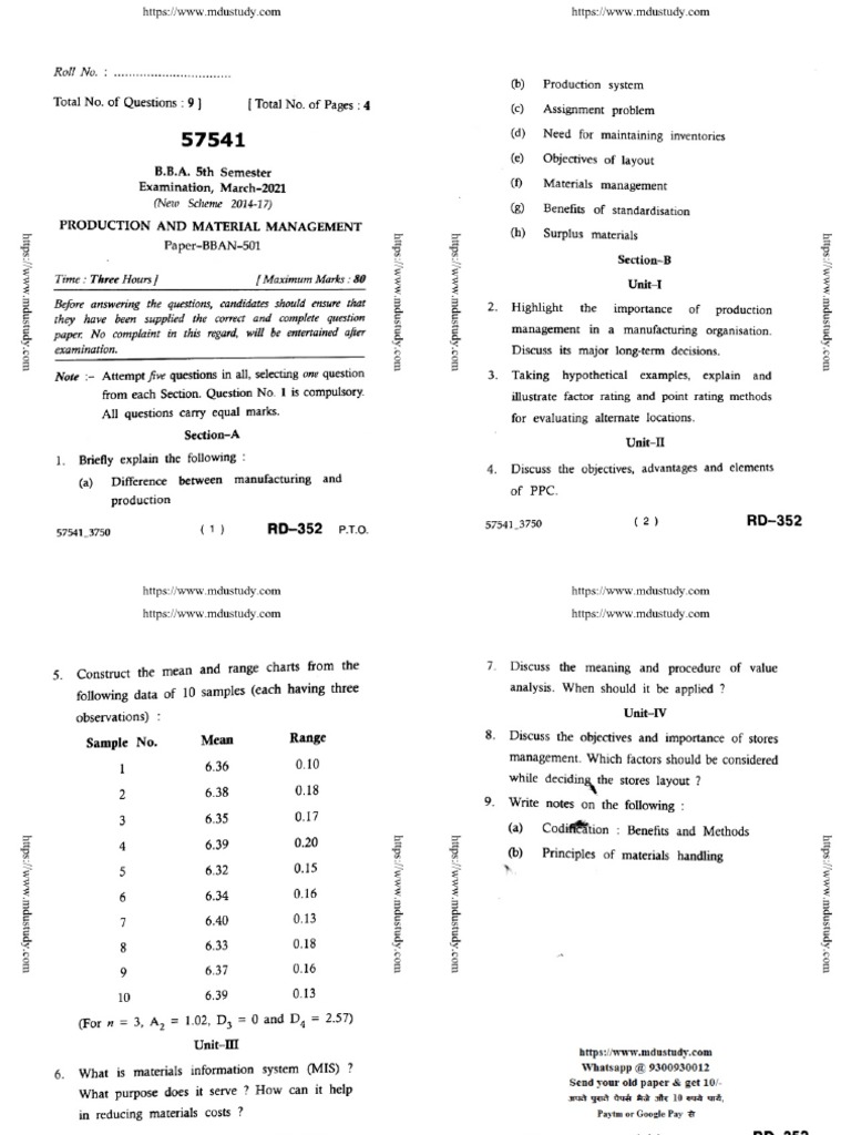 Bba 5 Sem Production and Material Management 57541 Mar 2021 | PDF
