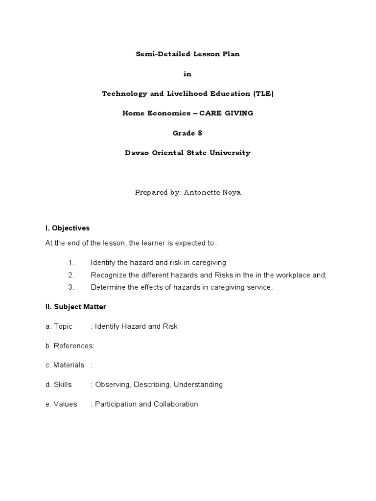 Noya Caregiving Demo Lesson Plan | PDF | Caregiver | Risk