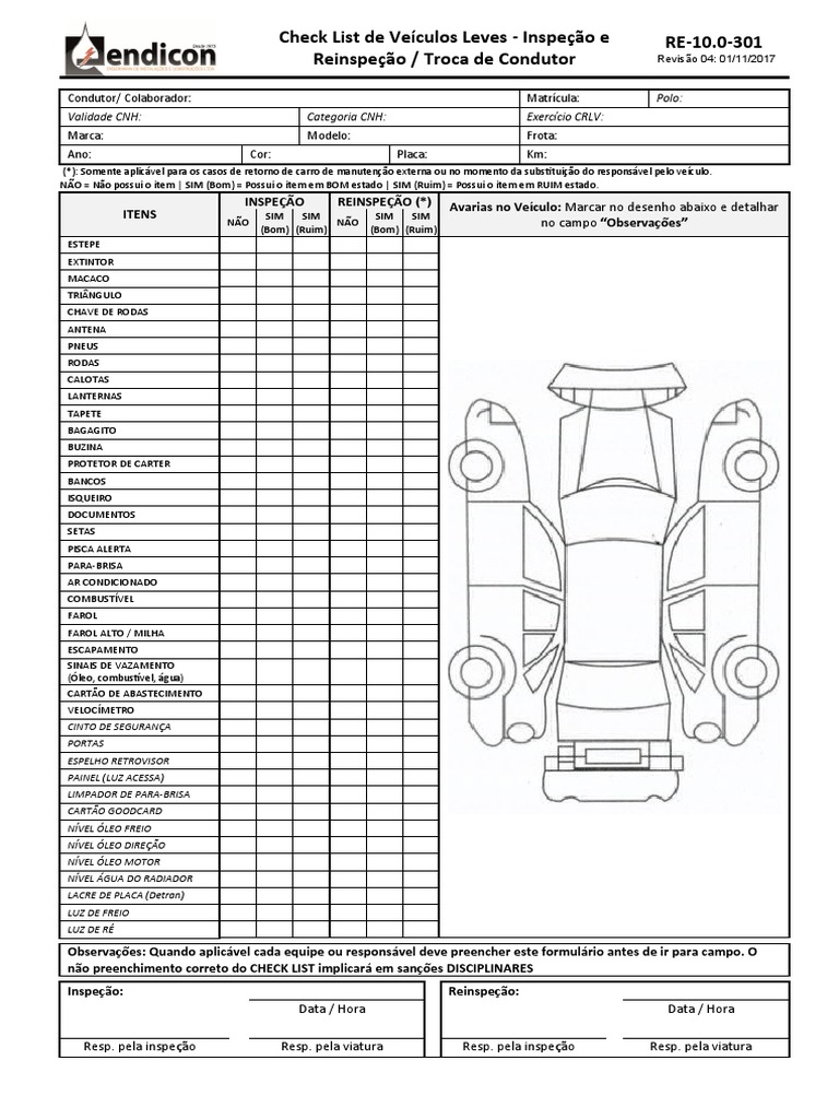 RE-10.0-301 Check List de Veículos Leves - Inspeção e Reinspeção ...