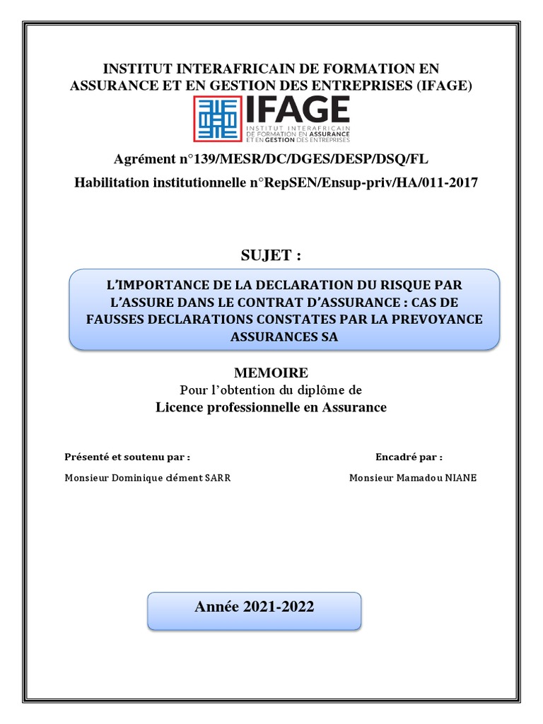 Memoire Sarr | PDF | Assurance | Risque