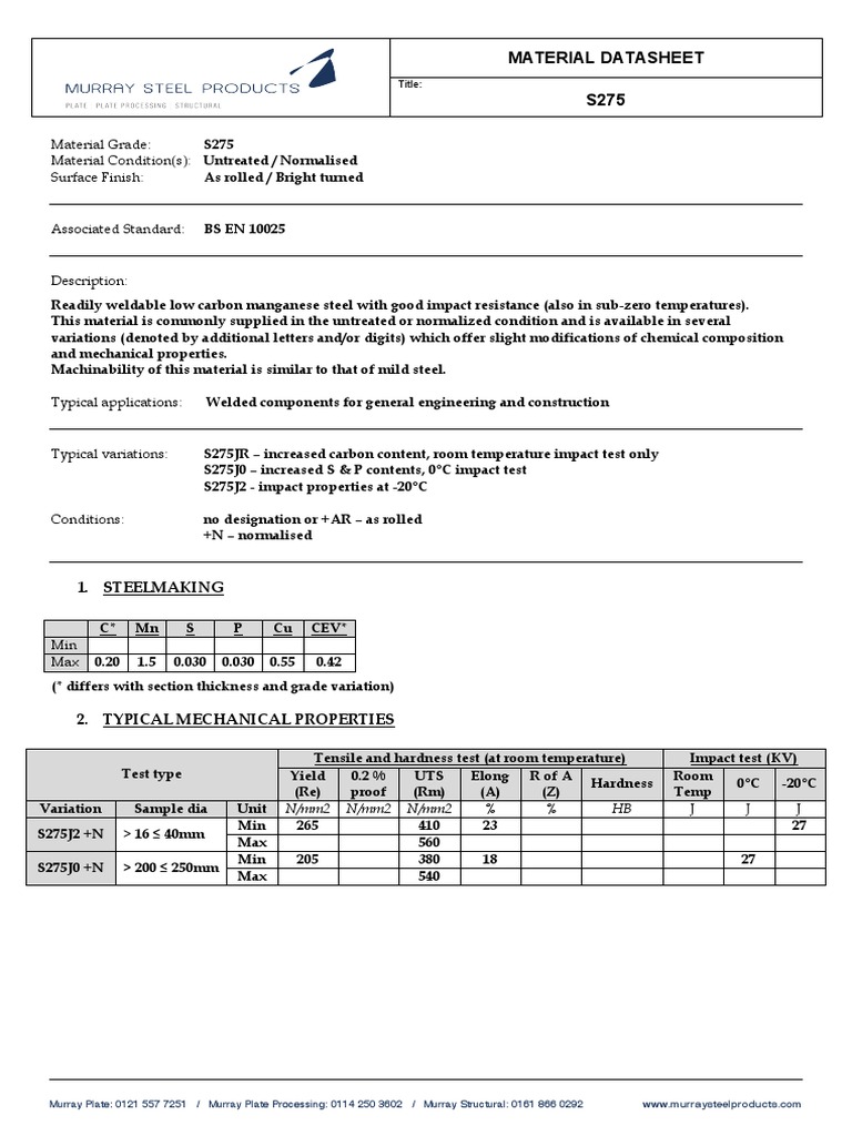 S275 Low Carbon Manganese Steel Data | PDF | Steel | Metals