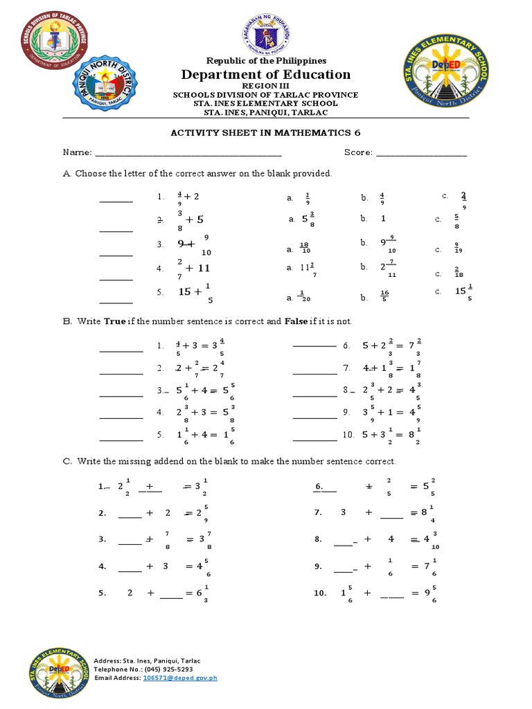 Math Activity Sheet for Grade 6 | PDF | Science | Mathematics