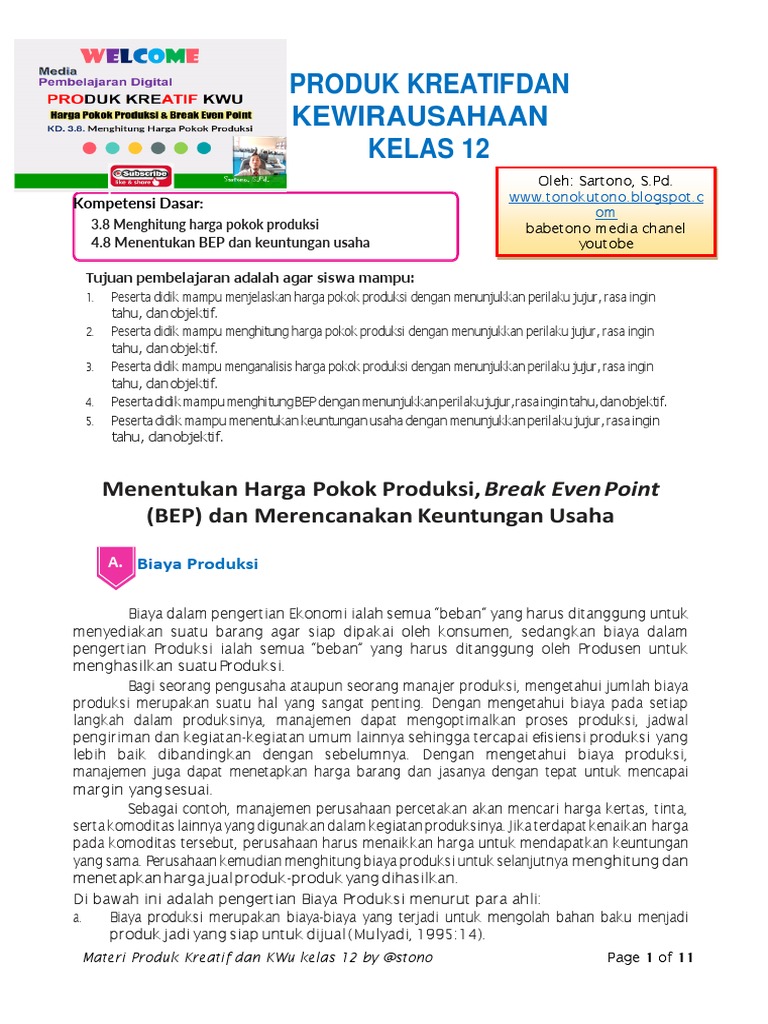 Materi PKK 12 KD 3.8 Harga Pokok Produksi | PDF