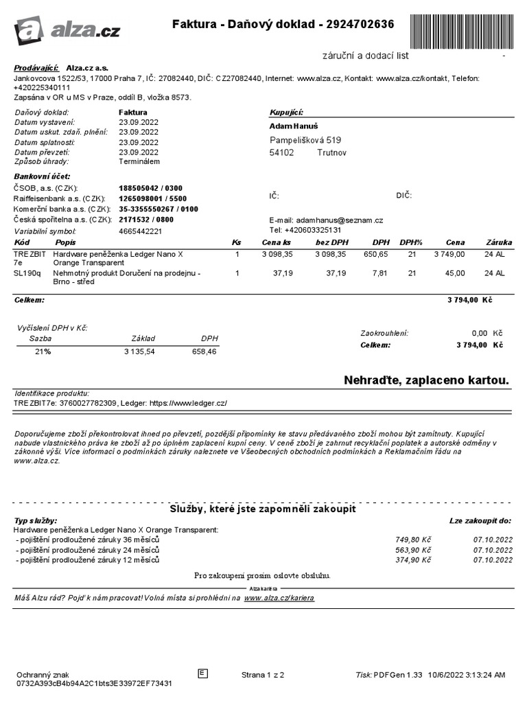 Faktura - Daňový Doklad - 2924702636: Alza - CZ A.S | PDF