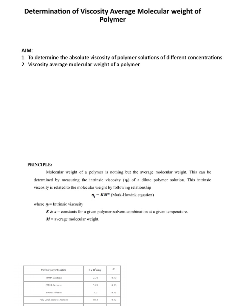 Determination of Viscosity Average Molecular Weight of Polymer-1 | PDF