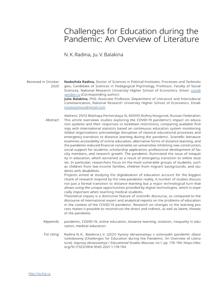 Challenges For Education During The Pandemic An Overview of Literature ...