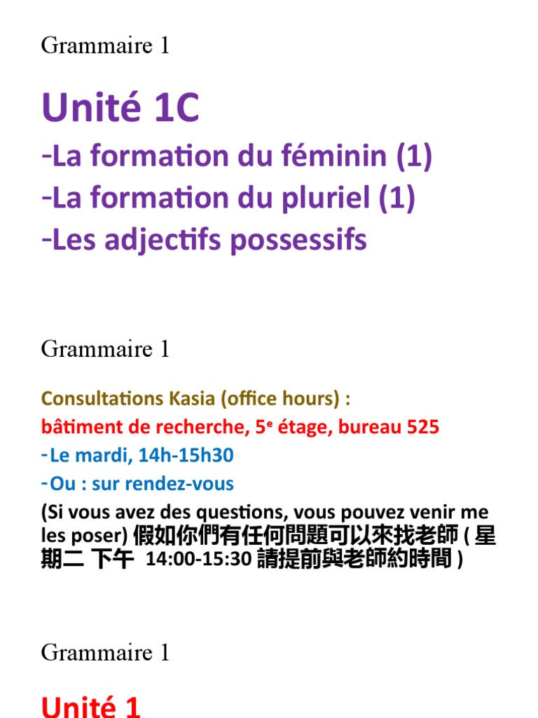 Grammaire 1 - UNITE 1C (27 Sept. 2022) | PDF | Genre grammatical ...