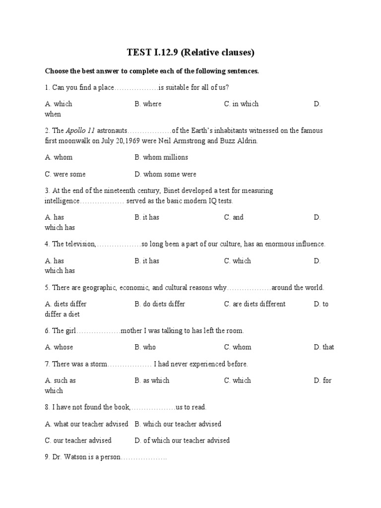 Relative Clauses Practice Test: Choosing the Correct Relative Pronoun ...
