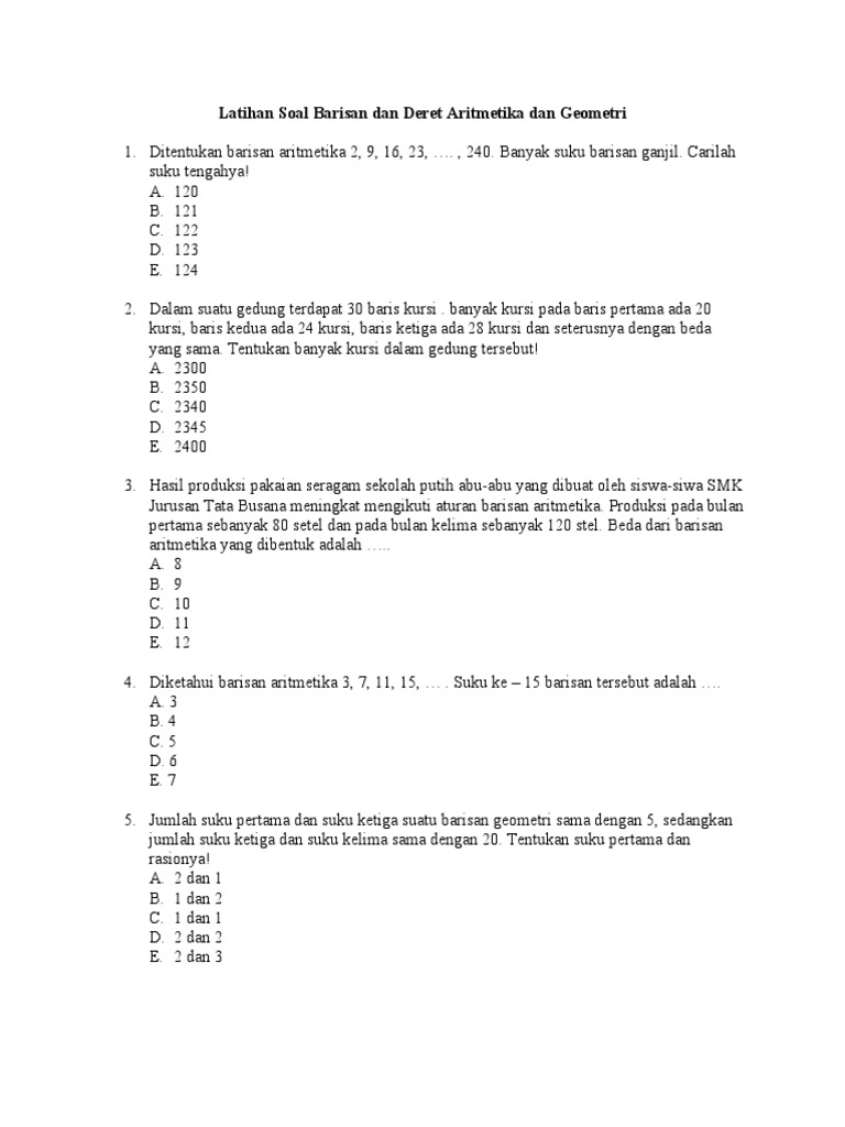 Latihan Soal Barisan Dan Deret Aritmetika Dan Geometri | PDF