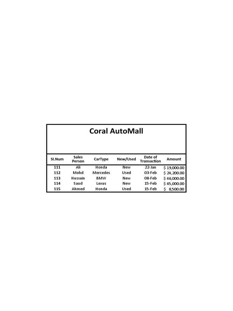 Coral AutoMall Car Sales Summary | PDF