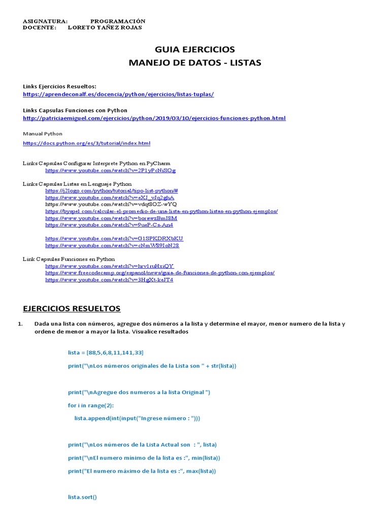 Guia Ejercicios Listas Manejo De Datos Python Pdf 8570