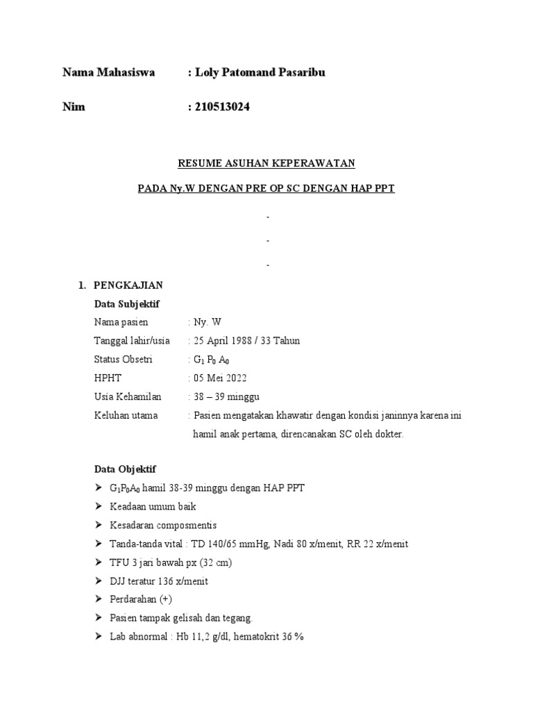 Resume Keperawatan Pre-Operasi SC | PDF