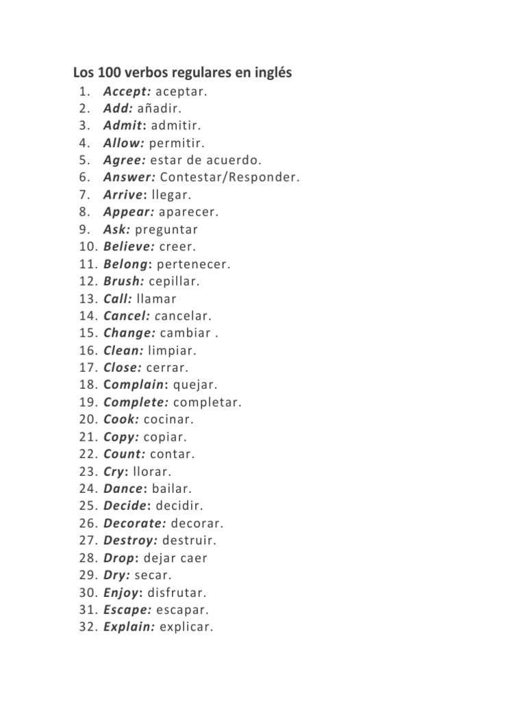 Los 100 Verbos Regulares en Inglés | PDF