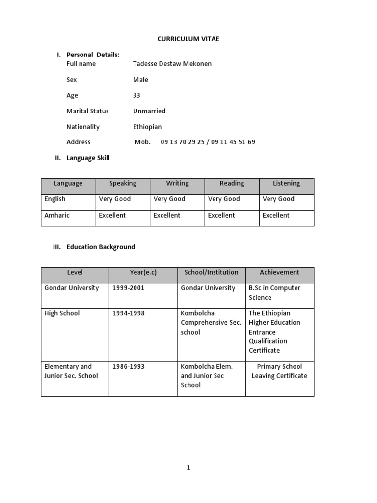 Curriculum Vitae I. Personal Details | PDF