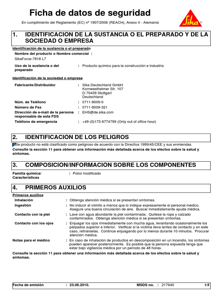 SikaForce-7818 L7: Ficha de Seguridad | PDF | Contaminación | Entorno ...