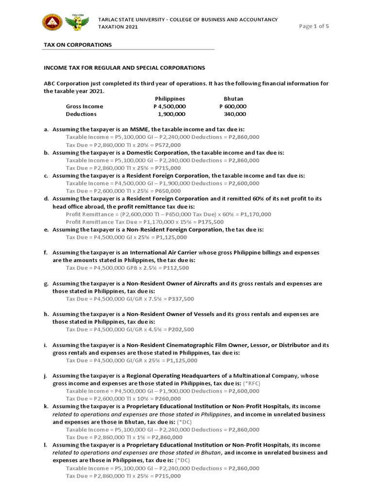 CORPORATE INCOME TAX (Answer Key) | PDF | Tax Deduction | Income Tax