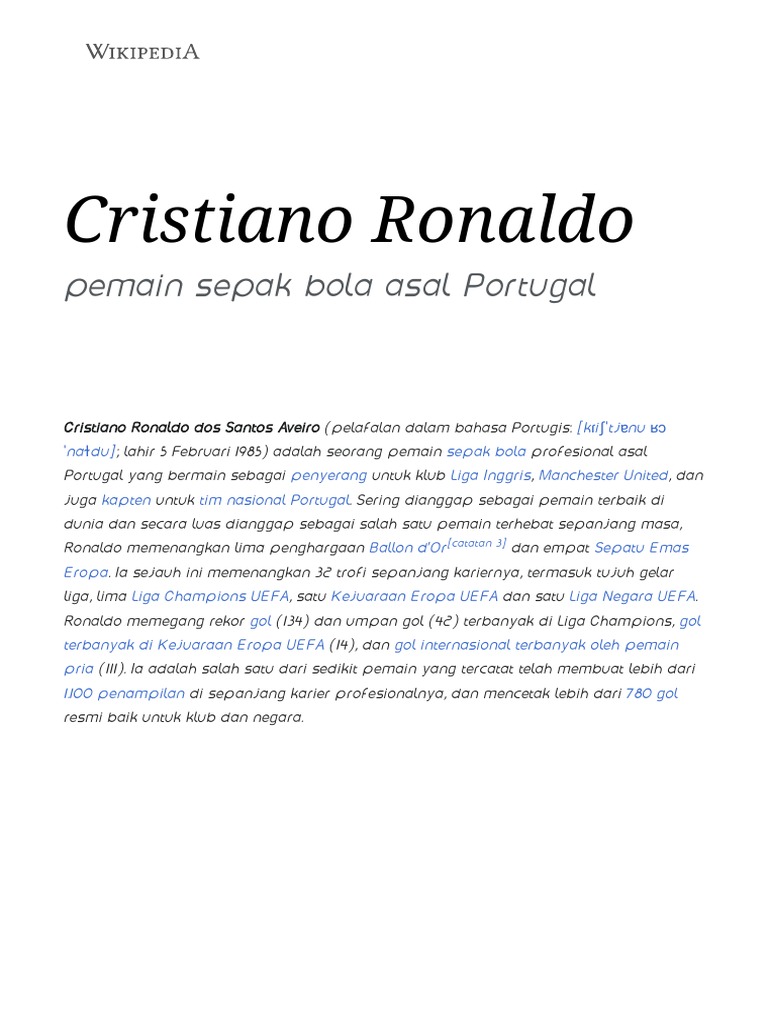 Cristiano Ronaldo - Wikipedia Bahasa Indonesia, Ensiklopedia Bebas | PDF