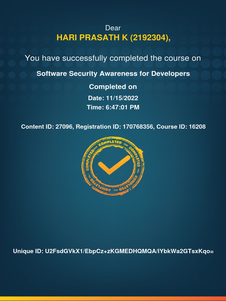Software Security Awareness For Developers - Completion - Certificate | PDF