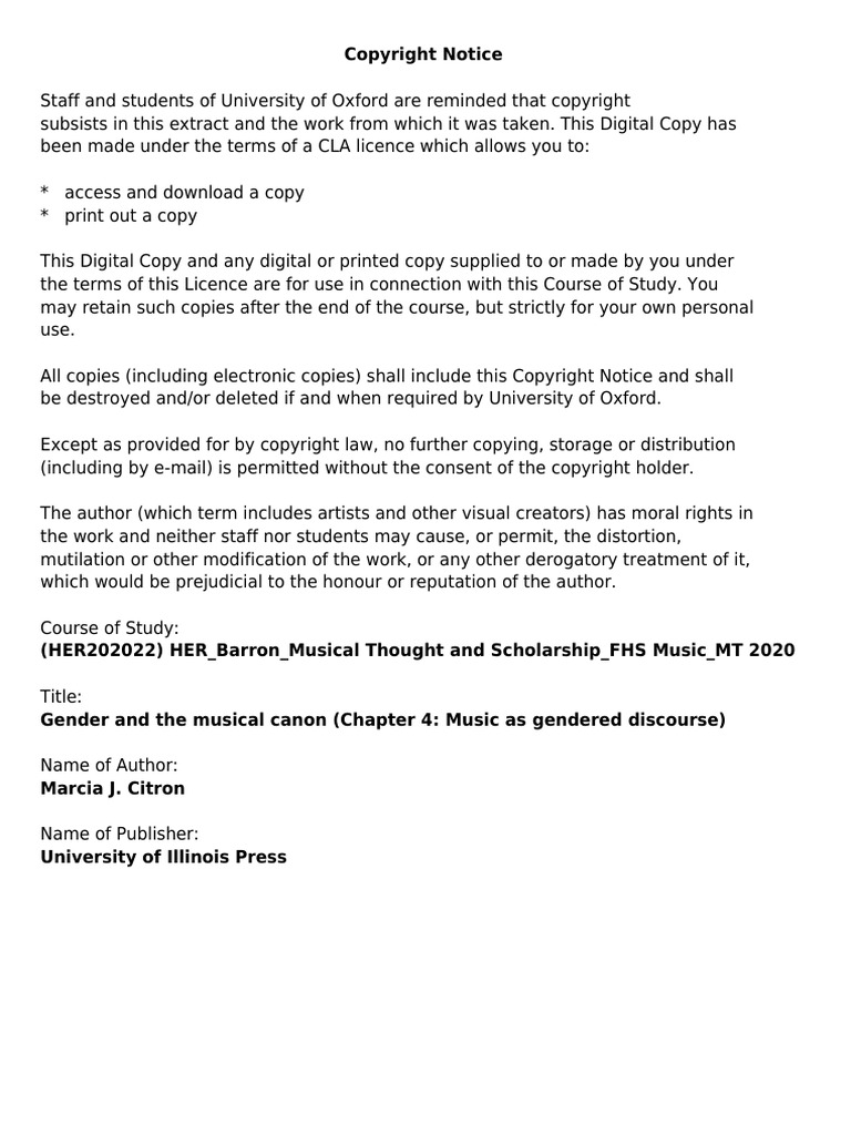 Citron, 2000, Gender and The Musical Canon-Chapter 4 Music As Gendered ...