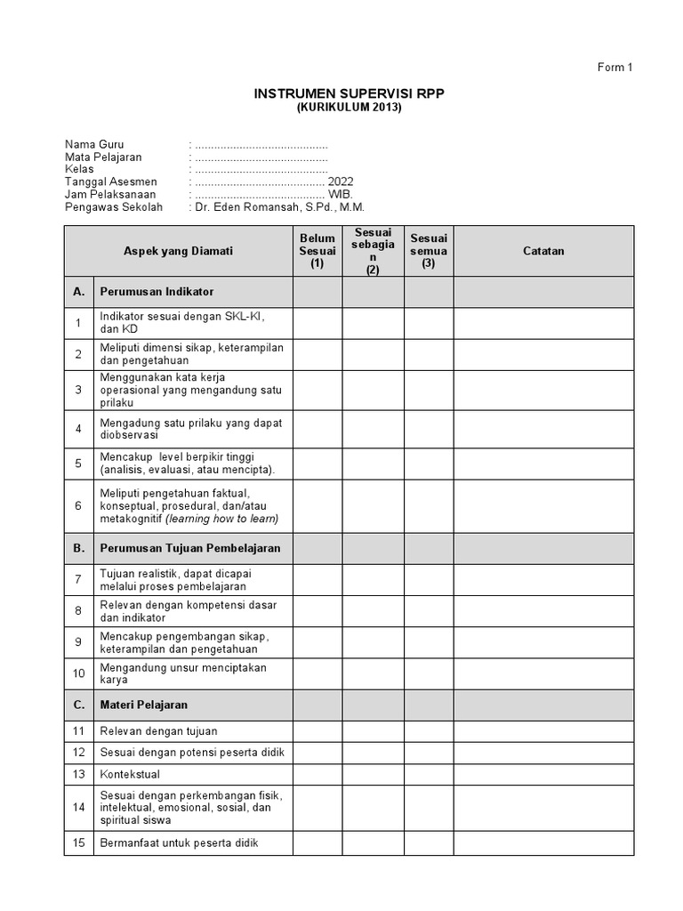 Instrumen Supervisi (K13) | PDF | Seni
