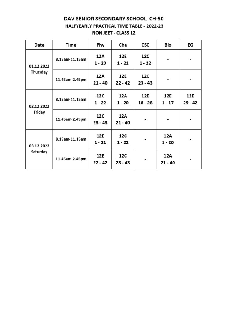 CLASS 12 PRACTICAL TIME TABLE - Halfyearly-1 | PDF