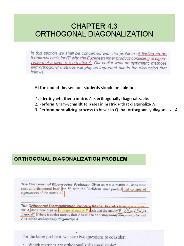 Orthogonal Diagonalization Guide | PDF | Matrix (Mathematics) | Mathematical Concepts