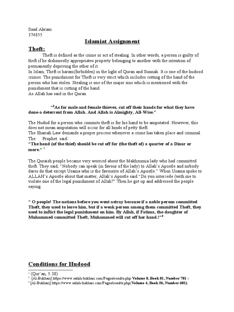 Islamiat Assignment Theft | PDF | Theft | Criminal Law