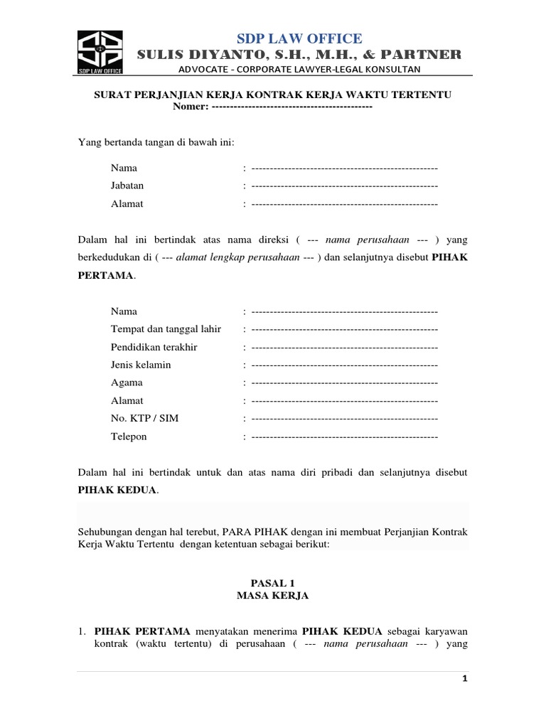Contoh Surat Perjanjian Kerja SDP Law Office | PDF