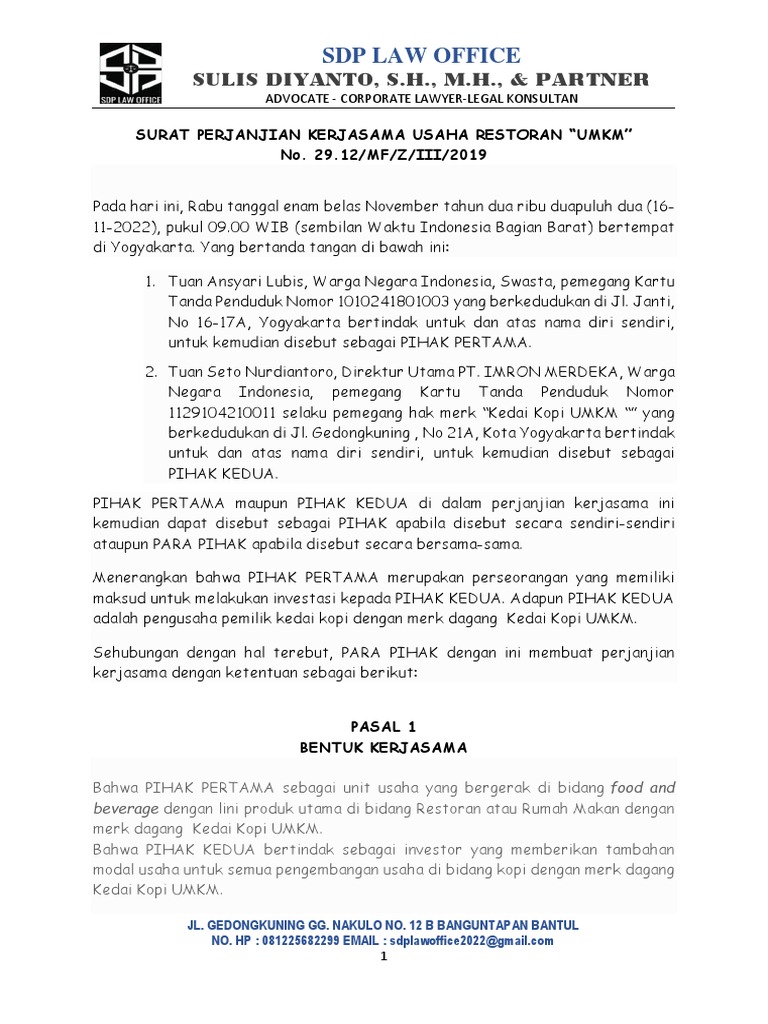 Surat Perjanjian Kerjasama Usaha Bagi Hasil Pdf