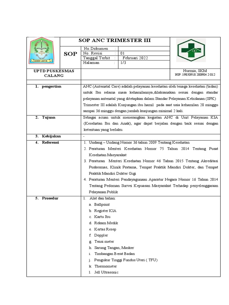 SOP ANC Trimester III untuk Ibu Hamil | PDF