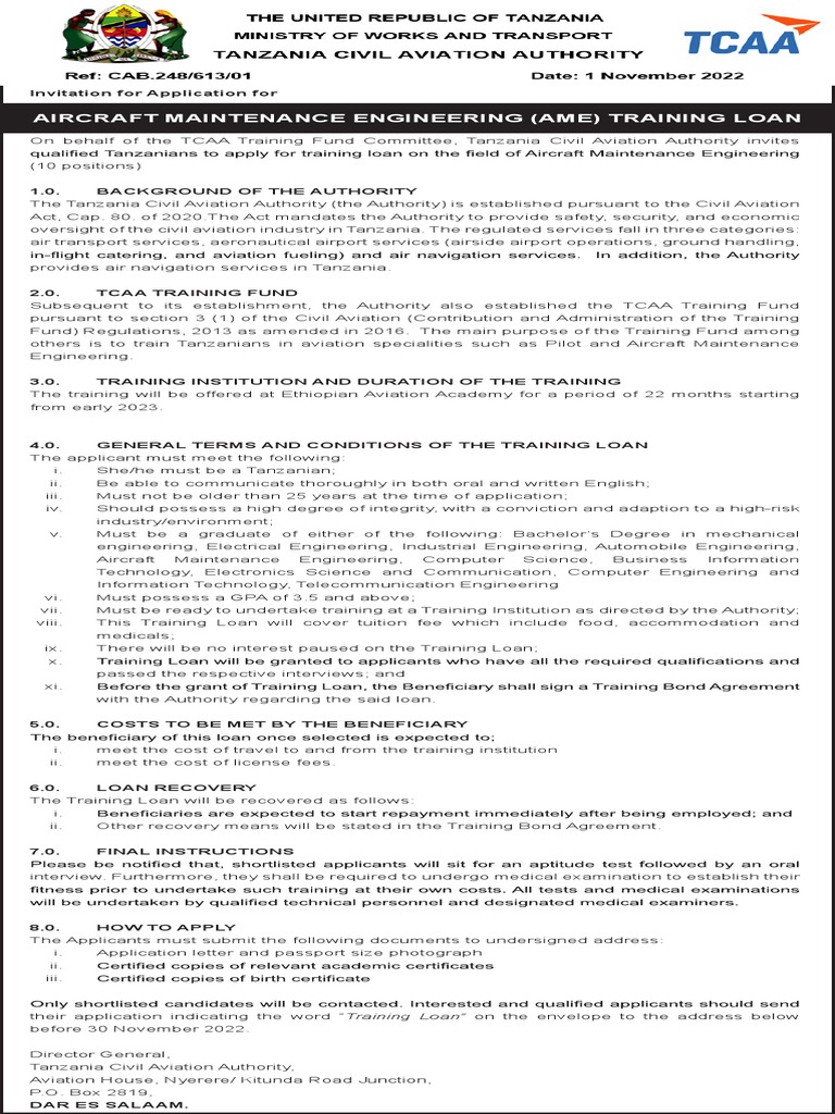 TCAA Invitation Appplication For Training Loan On The Field of Aircraft ...