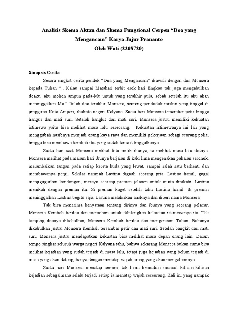 Analisis Skema Aktan Dan Skema Fungsional Cerpen Doa Yang Mengancam | PDF