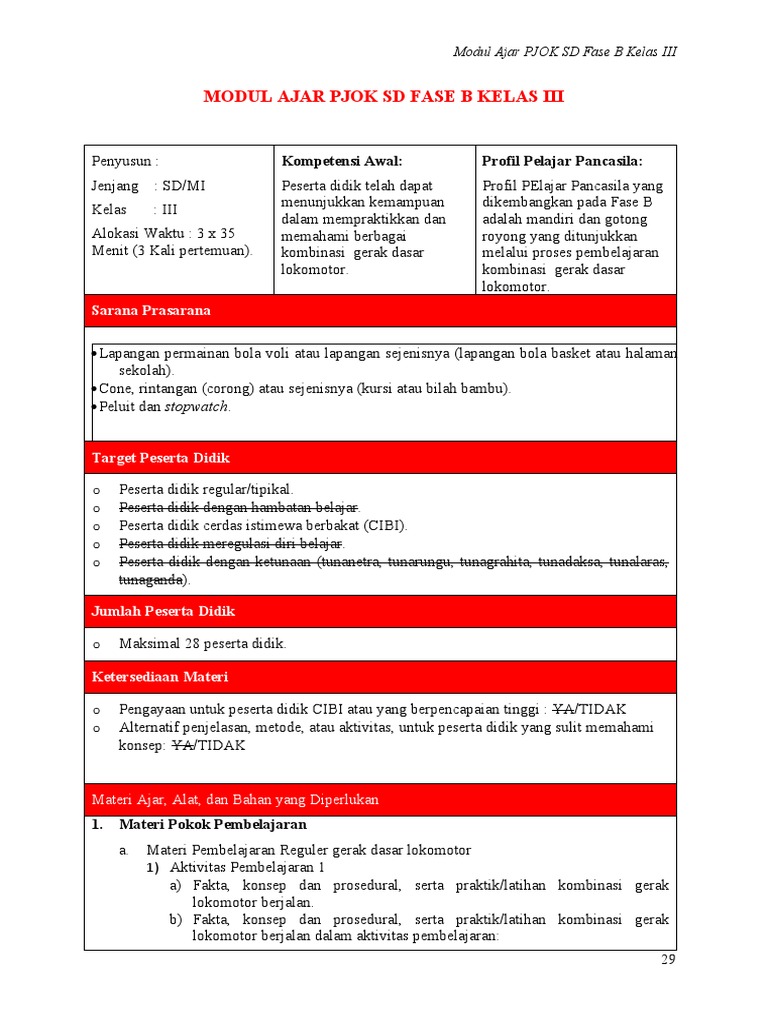 001 MODUL AJAR Kombinasi Gerak Lokomotor - PJOK - SD - Fase B - Kelas 3 | PDF
